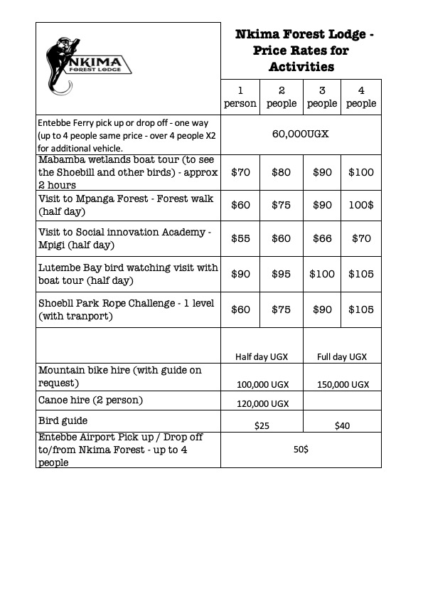 Rates – Nkima Forest Lodge